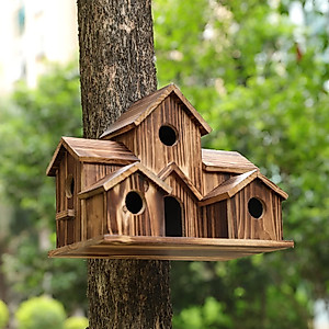 Wooden Bird Houses for Outside Hanging Clearance,6 Hole Handmade Natural Bird House for Backyard/Courtyard/Patio Decor,Large