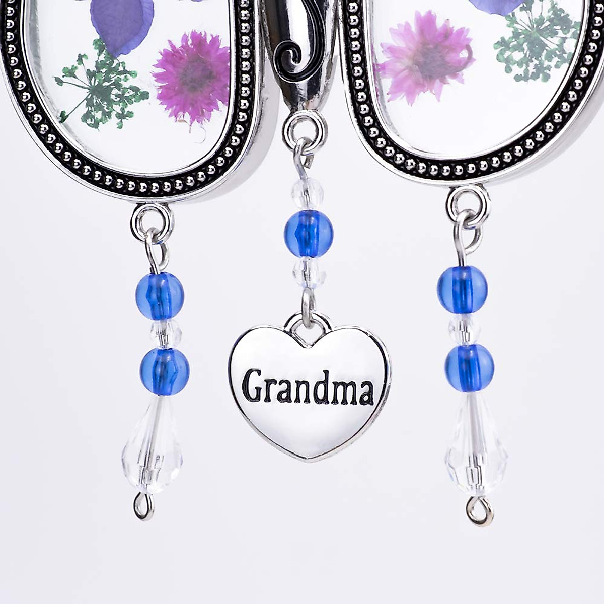 Laraine Butterfly Suncatcher with Pressed Colourful Flower Wings Mom Mother's Day Butterfly Glass Wind Chime Ornament Charm with Metal Heart Gifts for Mom Grandma Birthday (Purple Grandma)