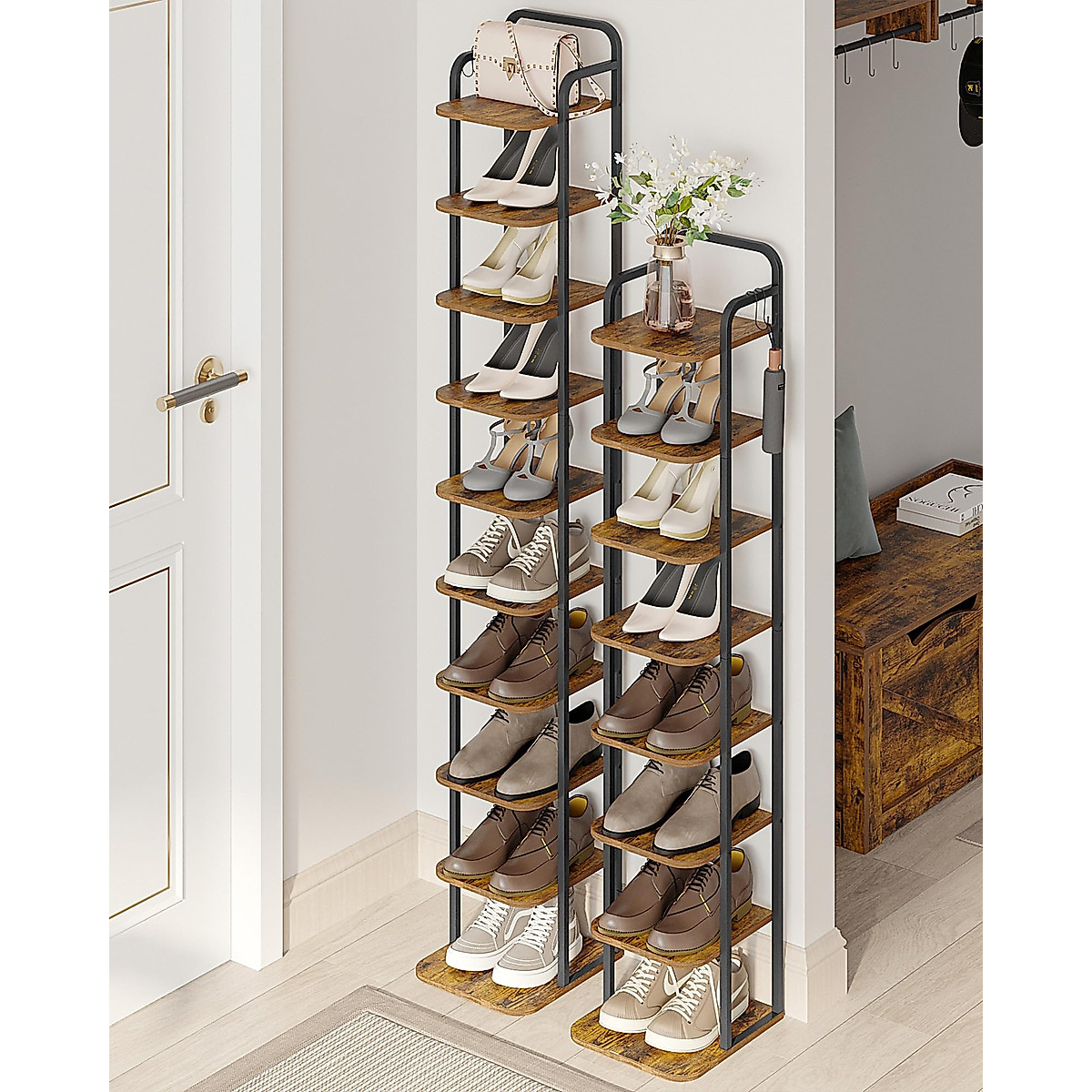Hzuaneri Vertical Shoe Rack, Shoe Shelves, Wood Shoe Organizer for Closet, Entryway, Shoe Tower for Small Spaces, Free Standing, Adjustable, with 2 Hooks, 10 Tier Rustic Brown SR11201B