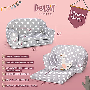 Delsit Kids Couch for Toddlers - 2 in 1 Convertible Foam Sofa to Lounger, Comfy Flip Out Lounge Chair for Children, Made in Europe