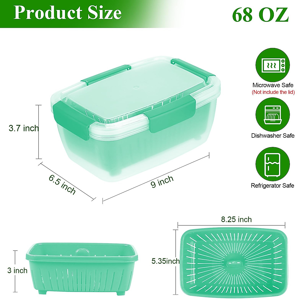 shopwithgreen 68oz Berry Keeper Container, Fruit Produce Saver Food Storage Containers with Removable Drain Colanders, Vegetable Fresh Keeper Set | Refrigerator Organizer