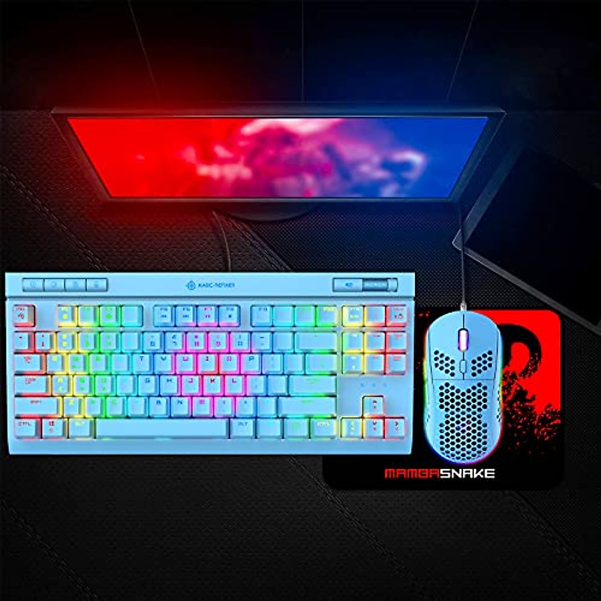 RGB Rainbow Mechanical Gaming Keyboard and Mouse Combo Blue Switch 87 Keys Backlit Keybaord with Lightweight Honeycomb Shell Wired RGB Gaming Mouse 6400 DPI Mouse pad for PC Gamers Xbox One PS4 PS5