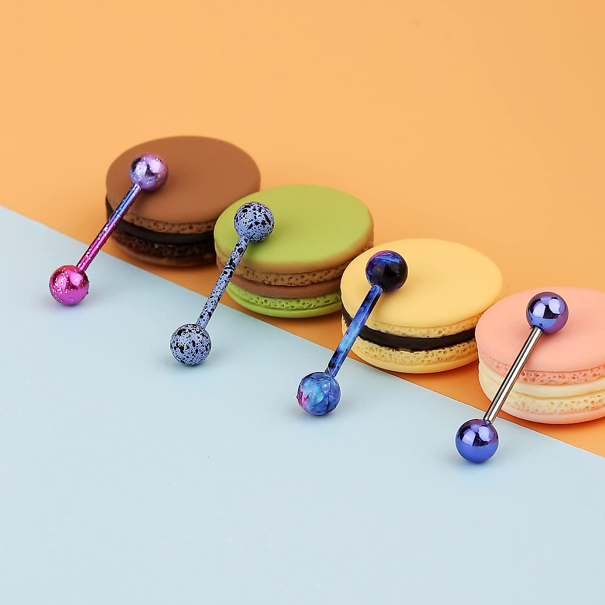 Melighting 4Pcs 14G Tongue Rings Barbells 316L Stainless Steel Tongue Bars Different Splatter Color Painting Tongue Piercings Tongue Ring with Balls for Women Men Set 16mm