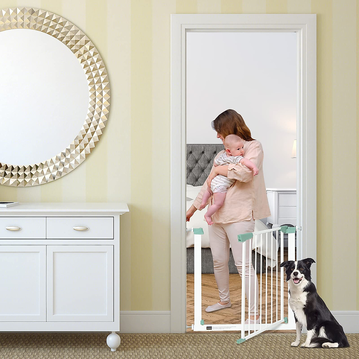 INFANS Baby Gate, 27.5"-47" Extra Wide Safety Banister Fence for Doorway Stairs House, Pressure Mounted Walk Through Gate for Child, Kids, Pets, Auto Close, Easy Install No Drilling