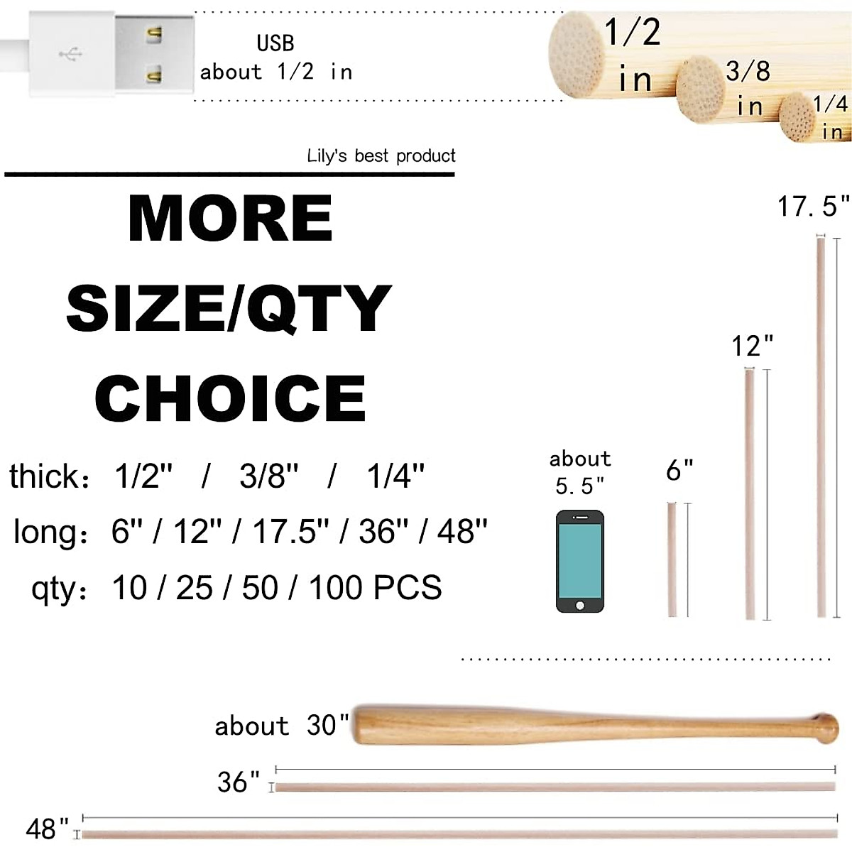 HOPELF 25PCS Bamboo Dowel Rods - 1/2 x 12 Inch - Wooden Sticks for Crafts, DIY Projects