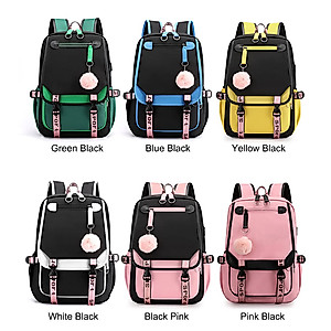 JiaYou Teenage Girls' Backpack Middle School Students Bookbag Outdoor Daypack with USB Charge Port (21 Liters, Black Pink)