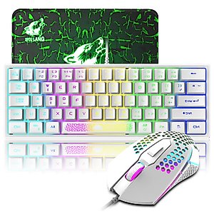 Gaming Keyboard and Mouse Combo Mini Portable with Chroma RGB Backlit Ergonomic 62Key Layout 19Key Anti-ghosting Mechanical Feel 3200DPI Honeycomb Mice USB Wired for PC Mac Gamer Laptop Typists(White)