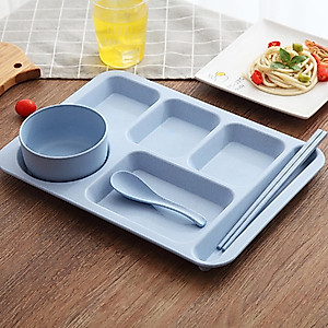 Cabilock Portion Control Plate Compartment Food Tray Set Divided Dinner Plate with Bowl Utensil Wheat Straw Separate Dinner Dish Restaurant Home Serving Food Plate Blue Plates Divided