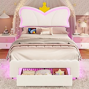 VIAGDO Twin Bed Frames with LED Lights and Storage Drawer, Upholstered Bed Frame Twin Size with Height Adjustable Crown Headboard, Type C and USB Charging Ports, No Box Spring Needed, White