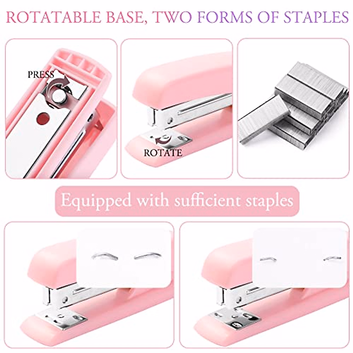 Pink Desk Accessory Kit Cute Office Supplies Set Desktop Stapler Set Includes Staple Remover Hole Punch Tape Dispenser Ballpoint Pen Scissor Mini Box Cutter Tape Measure Paper Clips Sticky Notes