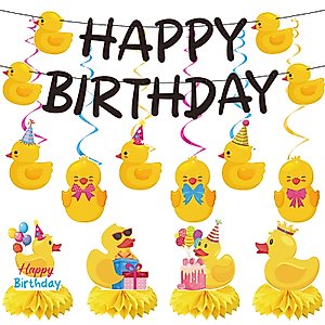 Joybileefun Duck Birthday Party Decorations - 18PCS Duck Party Decorations with Banner Hanging Swirls Centerpieces for Tables Duck Happy Birthday Decorations for Duck Themed Baby Shower Party Supplies