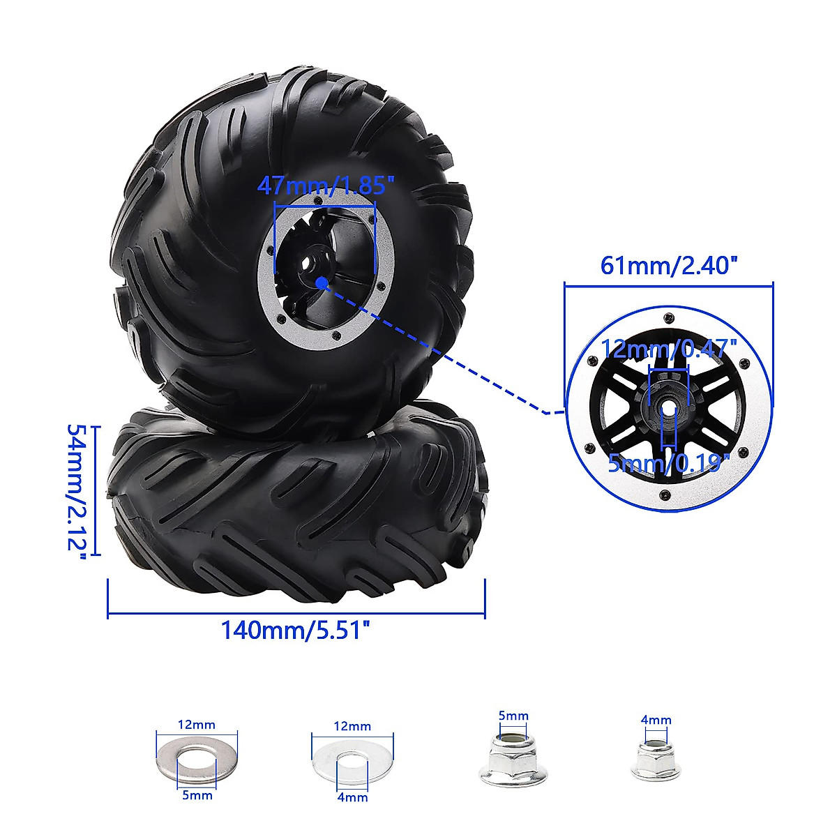 Rchobbytop 4-Pack RC 2.2" Tires Inflatable OD 140mm Mud Badland Tractor Tread Tyres and 12mm Wheel Rims Lock Nuts for 1/10 Rock Crawler Monster Truck Traxxas Maxx Axial RC4WD, Silver