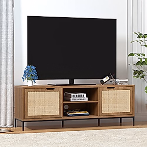 Anmytek Farmhouse Rattan TV Stand for 65 Inch TV Rustic TV Console Table with 2 Rattan Doors Modern Entertainment Center for Living Room Bedroom H0033