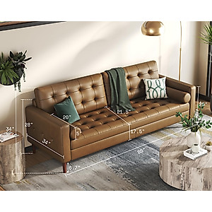 AMERLIFE Genuine Leather Sofa, Mid-Century Modern Leather Couch,3 Seater with Tufted Back, Comfy Sofa for Living Room-Brown Full Grain Leather Couch