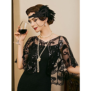 SWEETV Women's 1920s Flapper Shawl,Sequin Beaded Shawls Gatsby Wraps for Evening Dresses/Party/Wedding/Formal/Harlem night,1920s Accessories for Women,Black