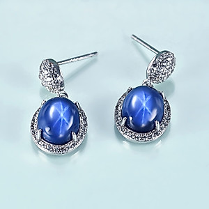 3.63CT Lab Star Sapphire Dangle Earrings - Gem's Beauty Genuine 925 Sterling Silver Oval Earrings 14K Gold plated Drop Earrings Handmade Earrings for Girls Birthstone Dangling Earrings for Women Classic Fine Jewelry