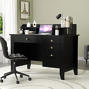 HOMBCK Computer Desk with Drawers, Office Desk with Drawers Executive Desks with Storage Shelf Writing Desk with File Drawers for Teen Student Home Office Laptop Desk,Matte Black