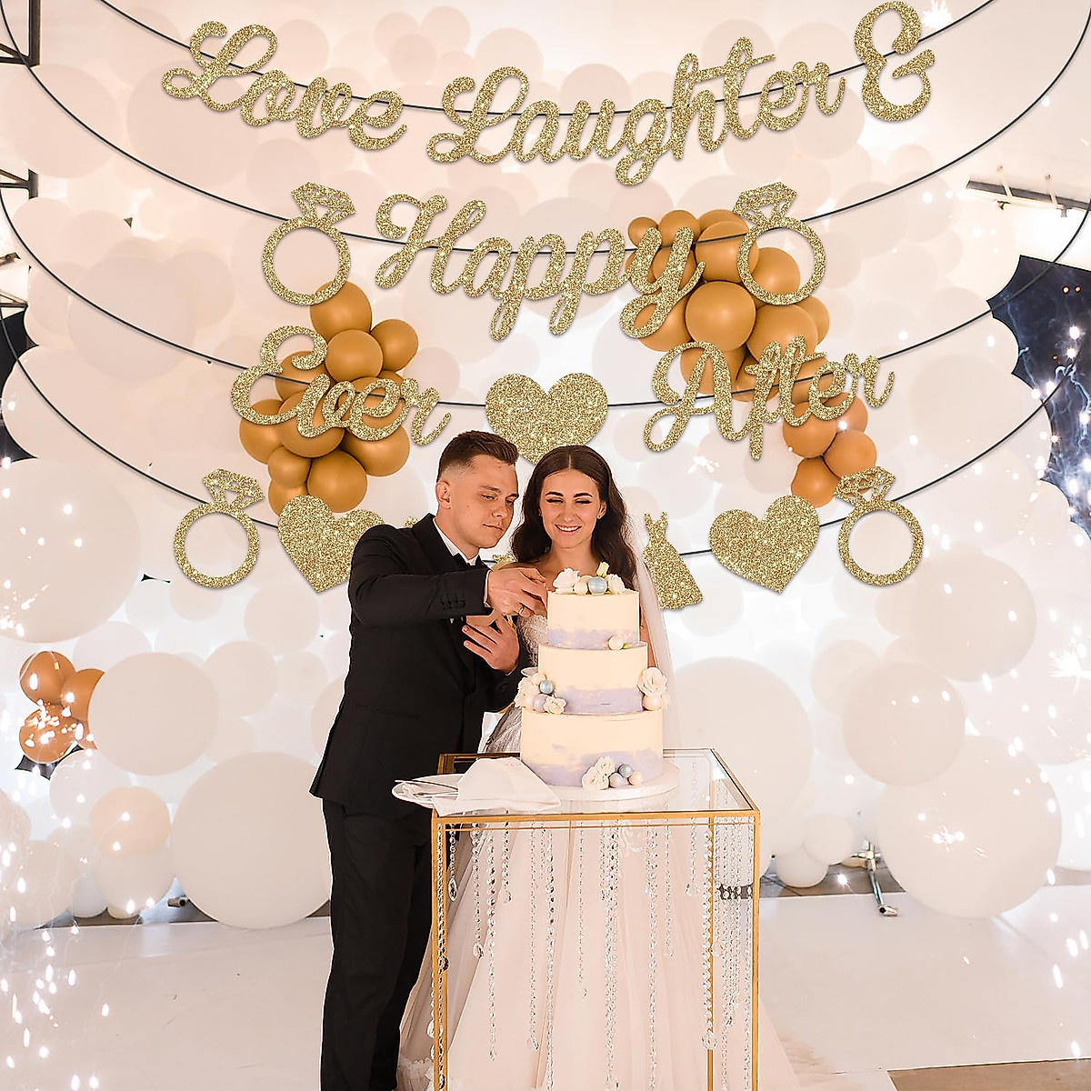 NO-DIY Love Laughter & Happily Ever After Banner, Gold Glitter Wedding Shower Decorations includes Bridal Shower Banner and Bridal Shower Decorations Garland for Bridal Wedding Decorations