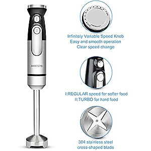 Amateys Handheld Immersion Blender,Infinitely Variable Speeds Hand Blender ,Multi-function Stainless Steel Handheld Stick Kitchen Blender with Whisk, Milk Frother，Detachable Smoothie Blender for Soup Puree Baby Food