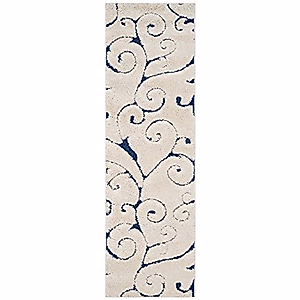 SAFAVIEH Florida Shag Collection Runner Rug - 2'3" x 7', Cream & Blue, Scroll Design, Non-Shedding & Easy Care, 1.2-inch Thick Ideal for High Traffic Areas in Living Room, Bedroom (SG455-1165)