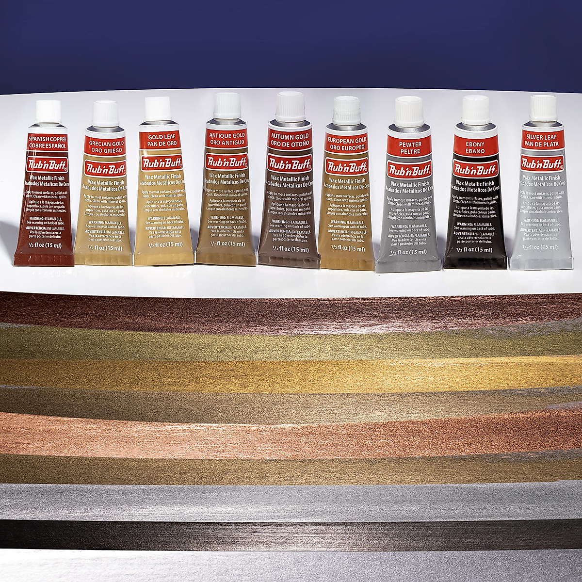 AMACO Rub n Buff Wax Metallic Finish 9 Color Kit - Antique Gold European Gold Grecian Gold Autumn Gold Gold Leaf Spanish Copper Silver Leaf Ebony Pewter - 9 Rub and Buff Gilding Wax 15ml Tubes
