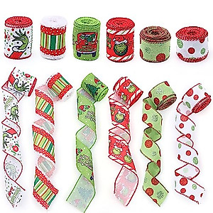 1.5" and 2.5'' Green Cute Merry Grinchmas Wired Ribbon .Glitter Red and Green Polka Dot,Stripe Furry Edge Printed Christmas Wired Ribbon 6 Rolls Total 30 Yards in Length