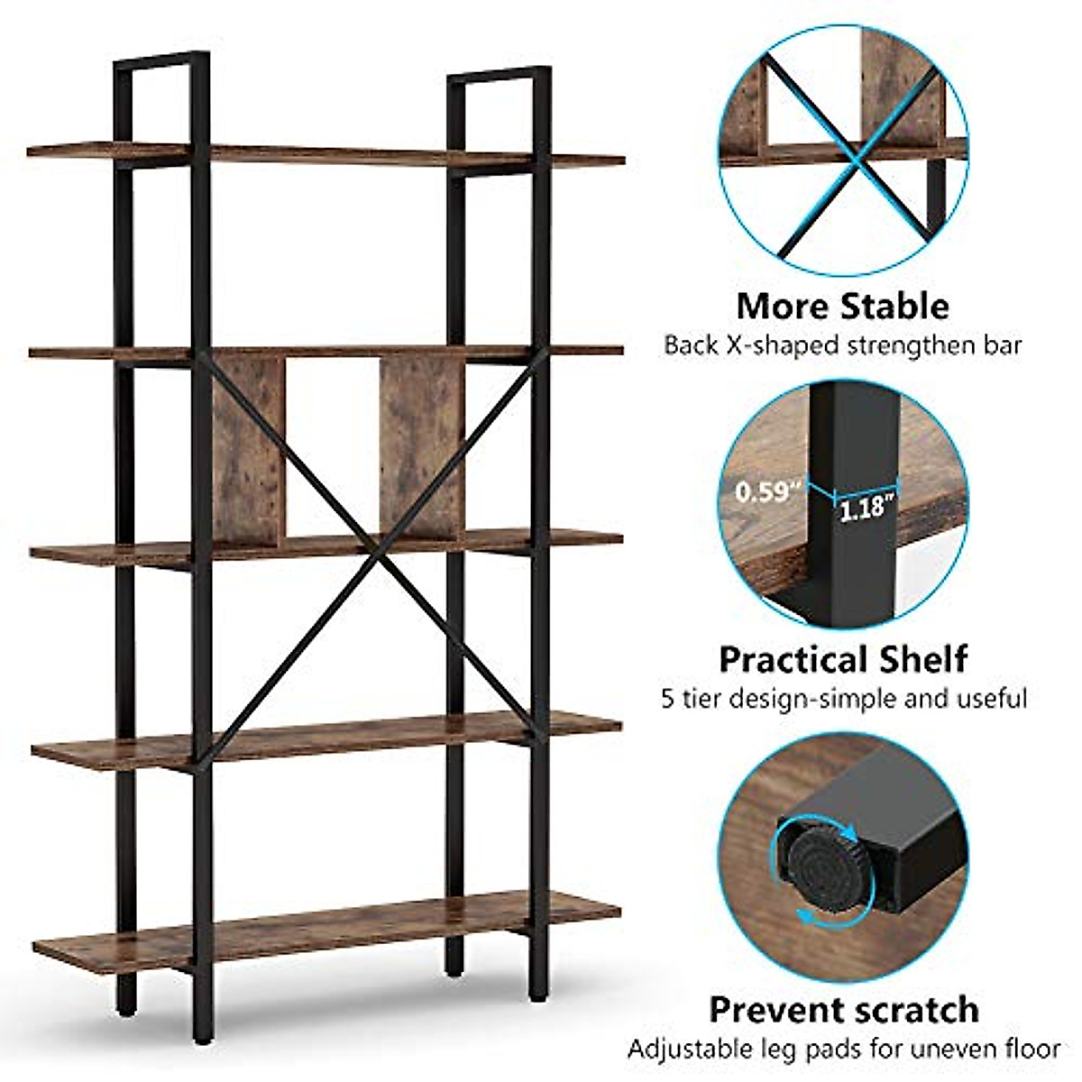 Tribesigns Bookshelf, 5-Tier Industrial Bookcase, Display Shelf Decorative Shelf Wood Storage Rack for Corner, Living Room, Office