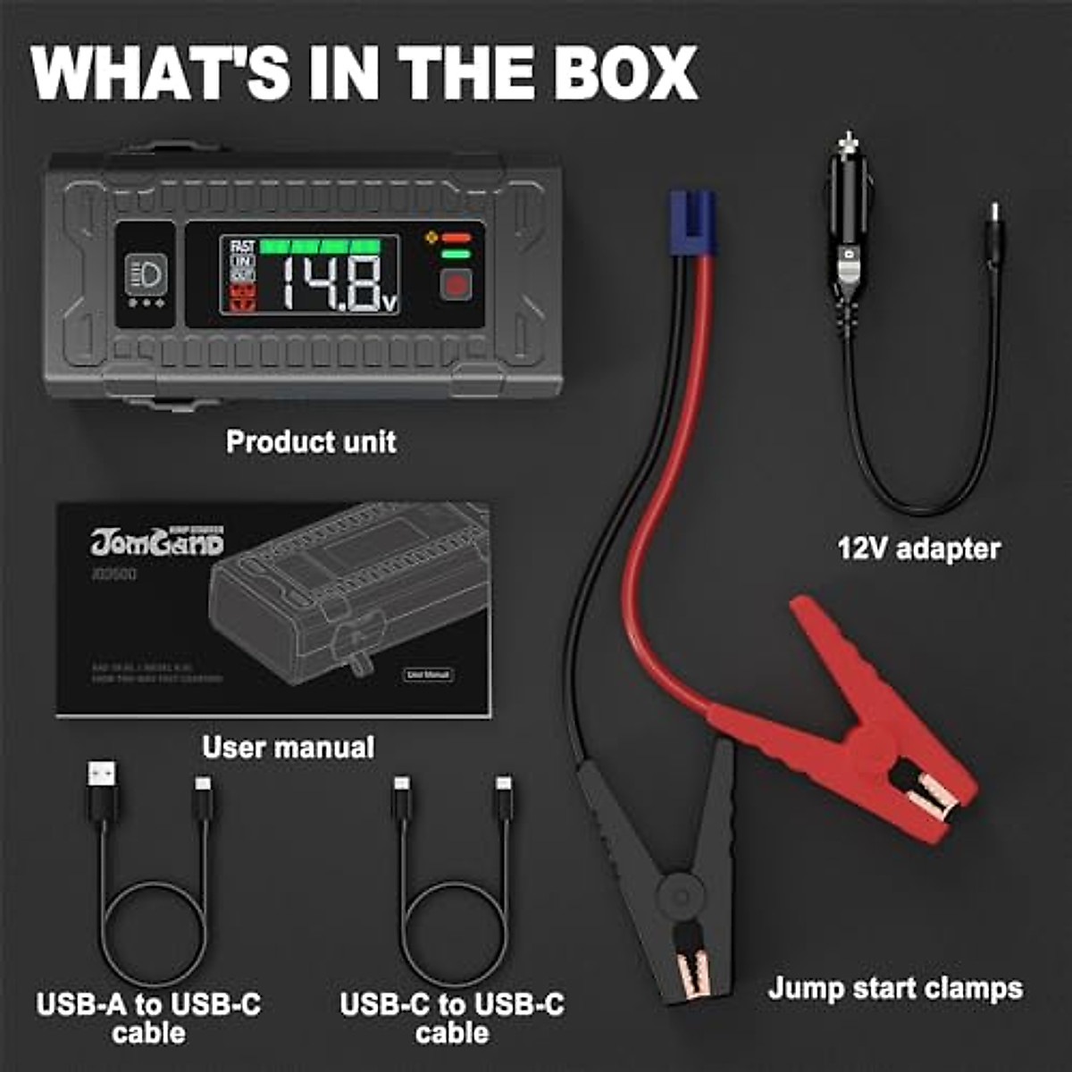 JOMGAND JQ3500 Portable Jump Starter, 3500A 12V Car Battery Booster Pack for Upto 10.0L Gas or 8.5L Diesel Engines, Jumper and Jump Box with 100W Two Way Fast Charge, 36 Months Ultra-Long Standby