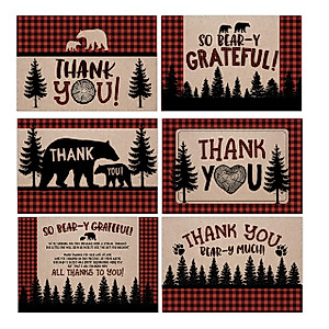 50 Lumberjack Baby Shower Thank You Cards - Boy Baby, Mama Bear Baby Shower Favor, Woodland Baby Shower - 6 Different Designs Included - 25 Blank and 25 Pre-Written Thank You Cards