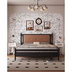 JOONEE Rattan Nightstand，Modern Farmhouse Bedside Table with Storage Drawer and Shelf (White)