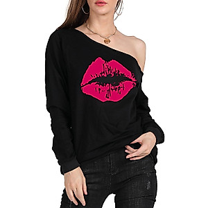 MAGICMK Woman’s Sweatershirt Lips Print Causal Blouse Off The Shoulder Long Sleeve Loose Slouchy Pullover Plus Size Tops…(XXXL)