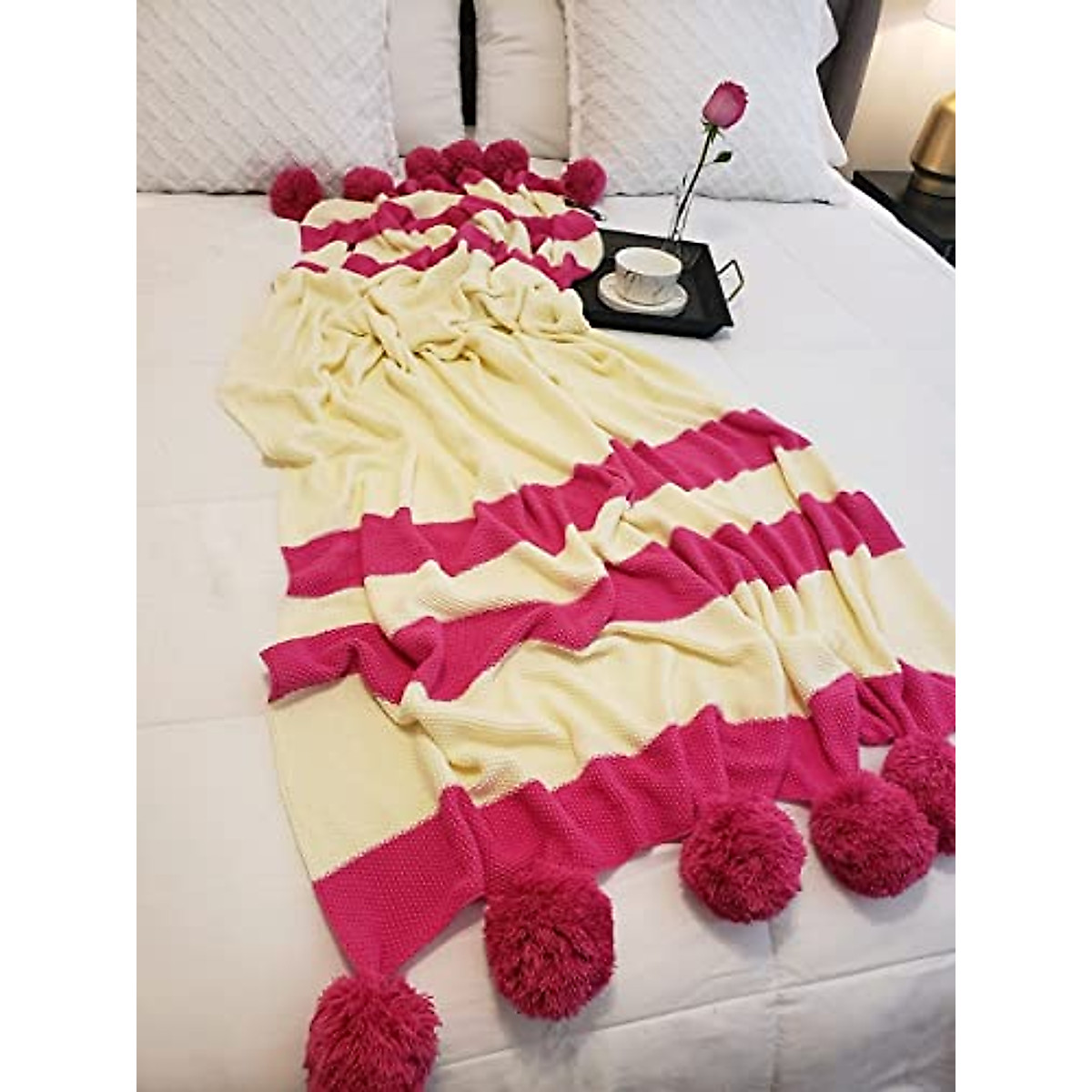 Knit Pink Throw Blankets for Couch- 50x60 Inches , Reversible Woven Cotton Striped Soft Throw Blanket for Bed with Pom Pink & Cream Full