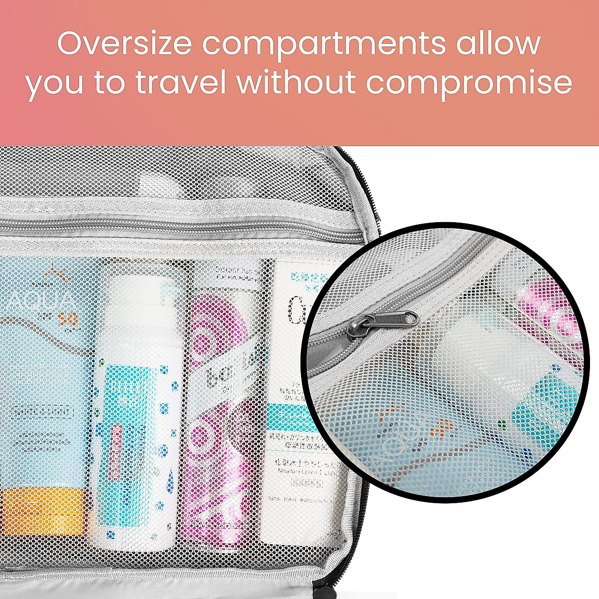 WDLHQC Hanging Travel Toiletry Bag with Hook | Water Proof Zip Bag with 4 Compartments + 2 Outer Zip Pockets | Cosmetic Travel Bag for Toiletries | Travel Essentials for Women & Men (Black Stripe)