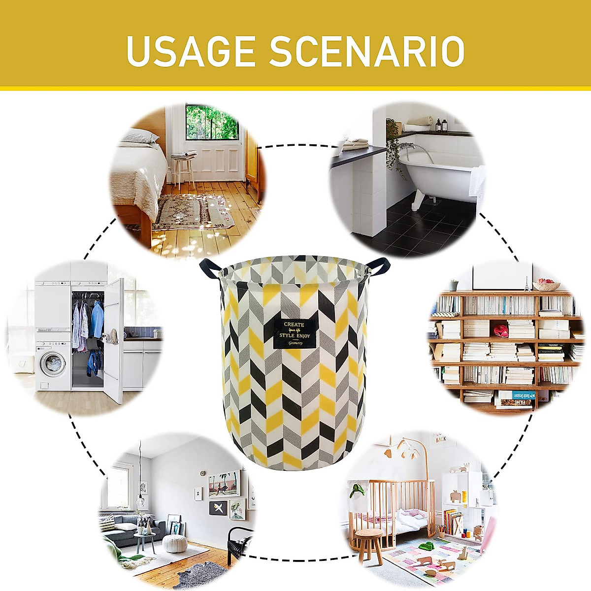 SineGux 19.7 Inches Large Laundry Basket Clothes Hamper Foldable Canvas Fabric Storage Basket Waterproof Collapsible Storage Bin with Handles for Bedroom Nursery Toys Organizer (Geometric Yellow)