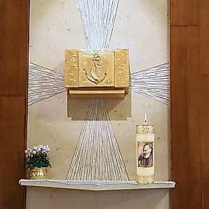 Saint Pio Prayer Candle, Serenity Pillar Candles Hand Decorated with Metallic Gold Tone Wax and Colored Image of Padre, Religious Church Supplies, 7.75 Inches