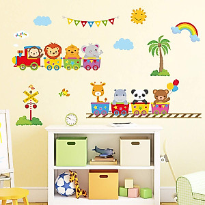 decalmile Animal Train Wall Decals Jungle Themed Wall Stickers Baby Nursery Kids Bedroom Wall Decor
