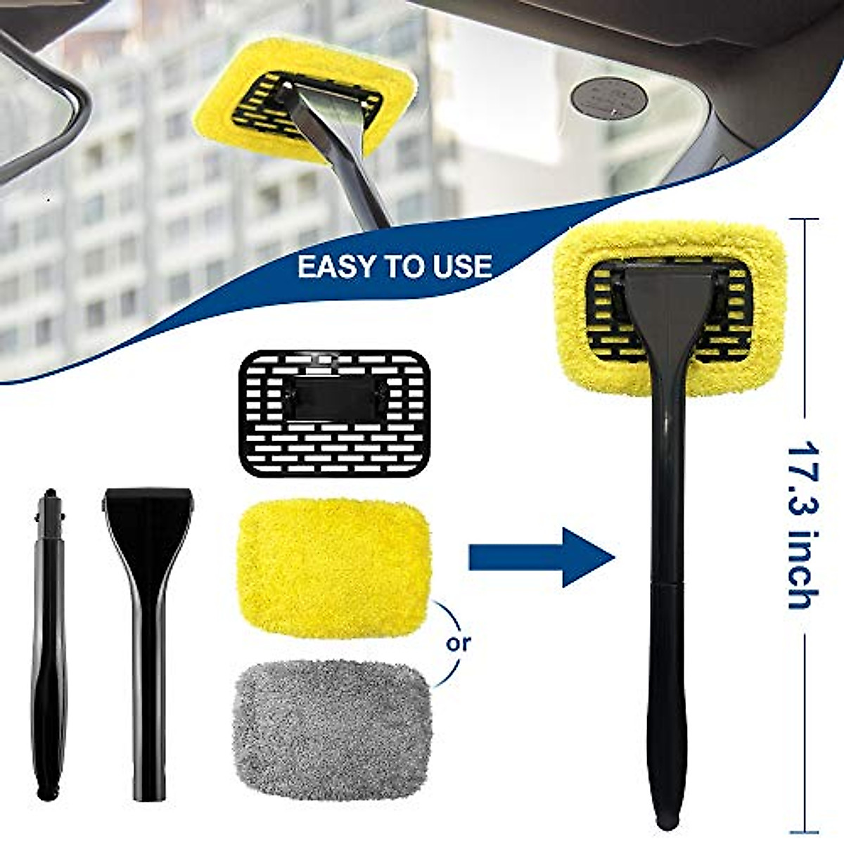 Car Window Cleaner - Windshield Cleaner, Auto Window Cleaner, Windshield Cleaning Tool Set, Window Cleanser with Detachable Handle Pivoting Head Microfiber Cloths and Spray Bottle for Auto Windshield Wiper