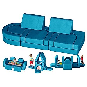 Kids Couch, 12PCS Modular Toddler Couch with 2 Triangular Cushions and 4 Arches, Fold Out Kids Couch for Playroom, Bedroom, Modular Kids Couch for Boys and Girls, Kids Play Couch for Kids (Blue)
