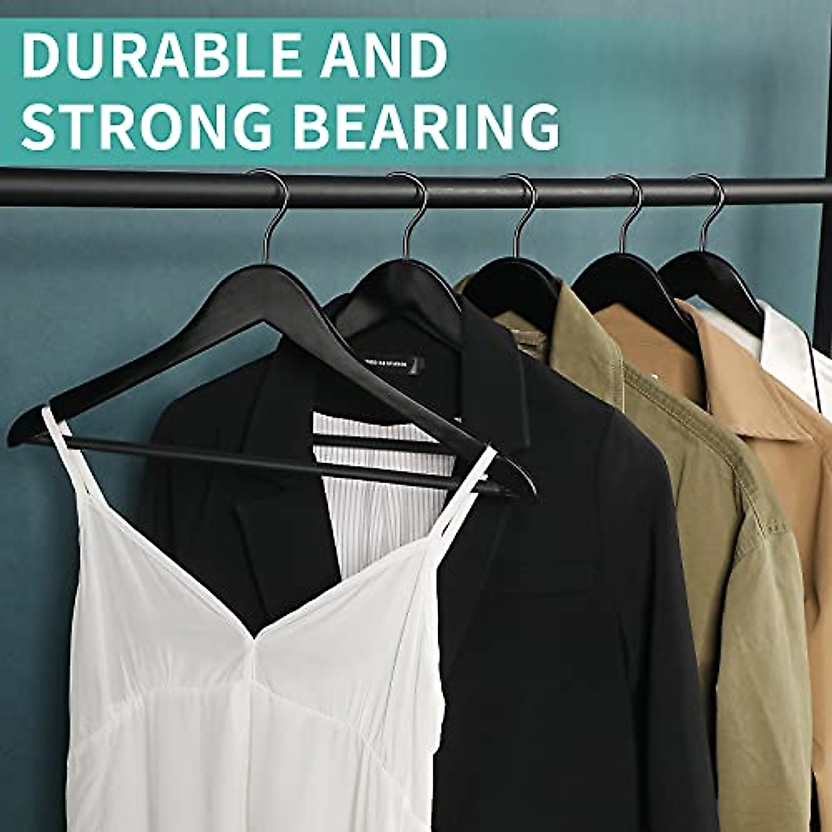 Perfecasa Premium Wooden Clothes Hangers 20 Pack, Suit Hangers with Noise Canceling Hook, Non Slip Pant Bar and Two Open Notches (Black Color)