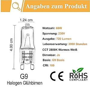 Ivyemons G9 Bulb 60 Watt - 10PCS G9 Halogen Light Bulbs 2 Pin 120V 60W Warm White, G9 Dimmable Bulb with G9 Base, High Output G9 Light Bulb for Range Hood Light, Chandeliers, Cabinet Light