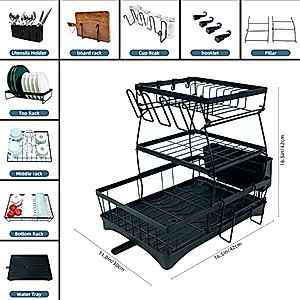 Decmerry 3-Tier Dish Drying Rack with Drainboard, Metal Dish Drainers Rack for Kitchen Counter with Cutlery Rack and Cup Holders, Large Capacity Dish Organizer Shelf（Black）