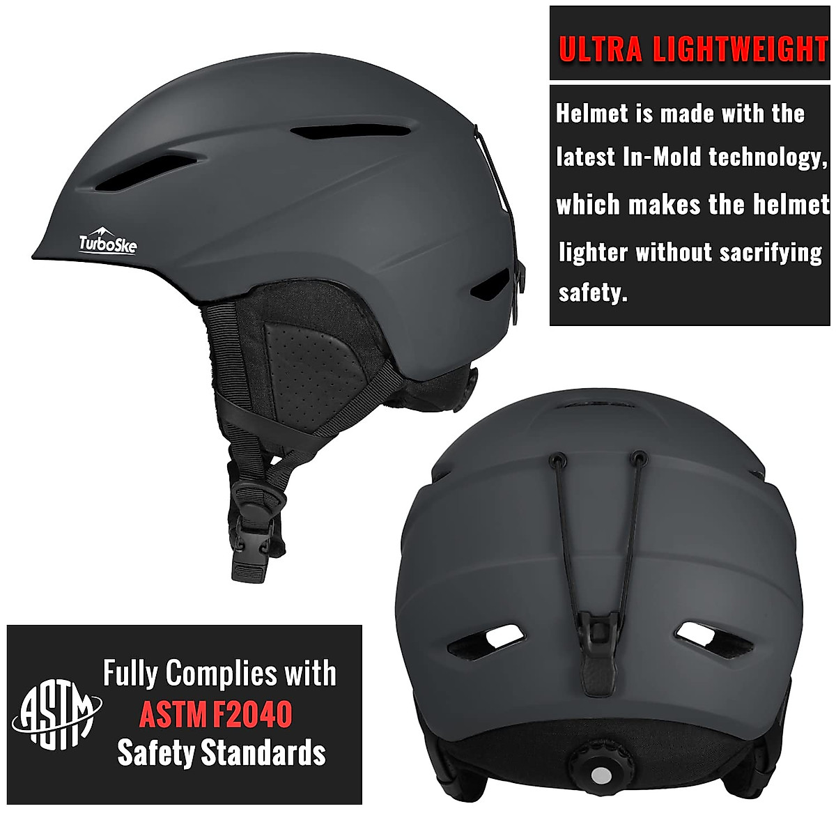 TurboSke Ski Helmet, Snowboard Helmet Snow Sports Helmet, Audio Compatible Helmet for Men, Women and Youth (S, Black)