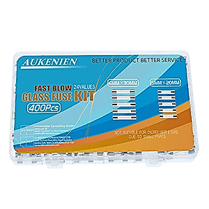 AUKENIEN Fast Blow Glass Fuses Kit 24 Values 400pcs 5x20mm 0.25A 0.5A 1A 1.6A 2A 2.5A 3A 3.15A 4A 5A 6.3A 8A 10A 12A 15A 20A 250V 6x30mm 0.5A 1A 2A 3A 5A 10A 15A 20A Quick Round Fuse Tube Assortment