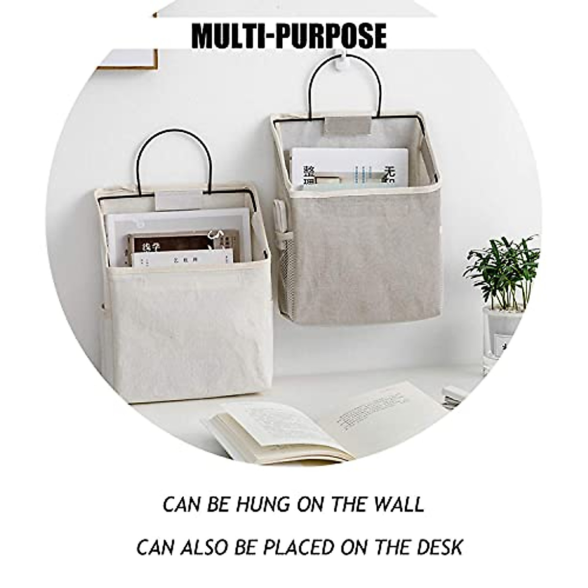 Qingsm 2 Pcs Wall-Hanging Storage Bags,Desktop Organizer Basket Cotton Linen Hanging Storage Basket for Kitchen,Bderoom,Living Room-Triangle