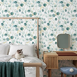 Sevalo Leaf Wallpaper Peel and Stick Wallpaper Boho Contact Paper for Cabinets Flower Floral Wallpaper Green Leaves Wallpaper Bathroom Self-Adhesive Removable Wallpaper Eucalyptus Nursery 17.3“×78.7”