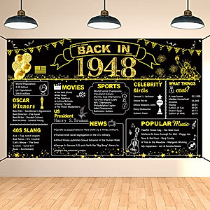 DARUNAXY 75th Birthday Black Gold Party Decoration, Back in 1948 Banner 75 Year Old Birthday Party Poster Supplies Vintage 1948 Backdrop Photography Background for Men & Women 75th Class Reunion Decor