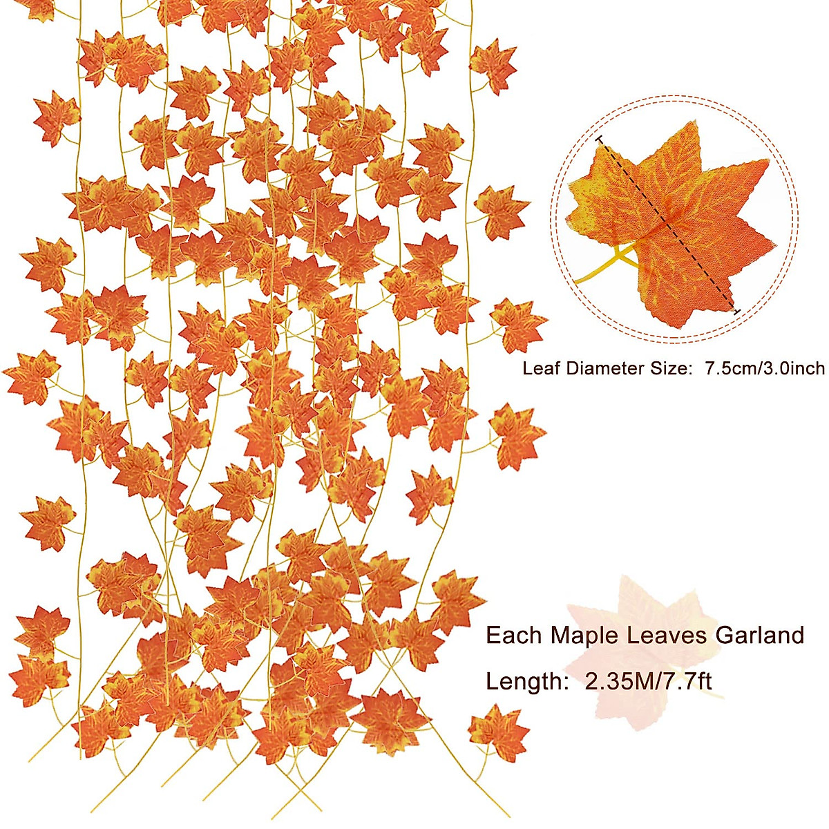 Fall Leaf Garland - Fall Leaves Decor Autumn Leaf Garland Hanging Vines Artificial Fall Maple Leaves 12 Pack - Thanksgiving Halloween Leaves Garland Christmas Decor for Home Garden Party Fireplace