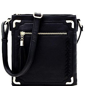 Boho Tassel Braid Detail Large Roomy Vegan Leather Multi Compartment Crossbody Shoulder Bag Messenger