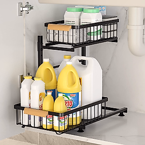 Under Sink Organizer, Pull Out Cabinet Organizer, Metal 2-Tier Under Sink Storage, Adjustable Height Rack Shelf Drawers Sliding Basket for Kitchen Bathroom Utility Room Cabinet