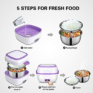 GQU Electric Lunch Box, 3 In 1 Food Heater/Cooker/Steamer with Stainless Steel Bowls, Egg Steaming Tray, Spoon, Measuring Cup for Office, School, Home, Travel